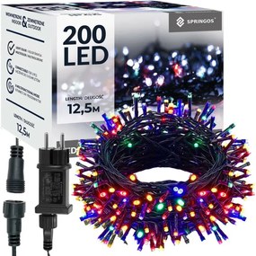 LED světelný řetěz - 12,5m, 200LED, 8 funkcí, paměť, IP44, multicolor