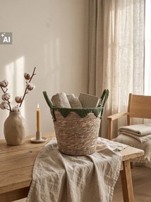 Sinsay - Pletený úložný koš s uchy a ozdobným lemováním - zelená