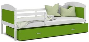 Dětská postel MATYAS P 80x190 cm s bílou konstrukcí v zelené barvě se šuplíkem.