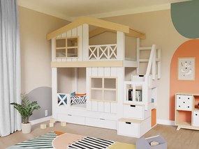 WoodPassion Domečková patrová postel SRUB s plotem a úložnými schody 90x200 cm Zvolte barvu: Bílá - Přírodní, Zvolte šuplík: Přistýlka 90x190 cm, Zvolte stranu: Vlevo