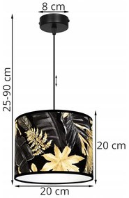 Závěsné svítidlo Gold Flowers, 1x černé textilní stínítko s květinovým vzorem