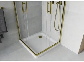 Mexen Rio, čtvercový sprchový kout s posuvnými dveřmi 70 (dveře) x 70 (dveře) x 190 cm, 5mm čiré sklo, zlatý profil + sprchová vanička SLIM se zlatým sifonem, 860-070-070-50-00-4010G