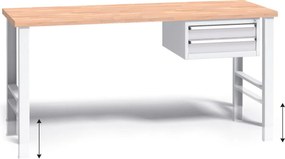 Výškově nastavitelný pracovní stůl do dílny G3 se závěsným boxem na nářadí, buková spárovka, 2 zásuvky, 1700 x 685 x 840 - 1050 mm, šedá