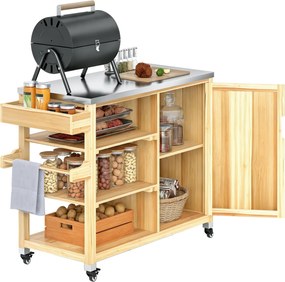Grilovací stůl Outsunny 6-patrový vozík s pracovním povrchem, držák na utěrky, BBQ stůl z dřeva, boční grilovací stůl, venkovní vozík, uhlíkový gril d
