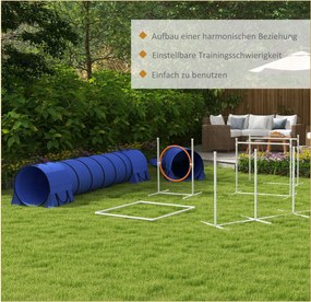 PawHut 7dílná sada pro agility psů s výškově nastavitelnými překážkami, proutěnými tyčemi, tunelem, skokanským kruhem, boxem a překážkami |
