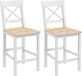 HOMCOM Set 2 Barových Židlí Vysoký Sedák 60,2 cm Dřevěné Kuchyňské Židle s Opěrkou a Podnožkou Nosnost 120 kg pro Jídelnu a Obývací Pokoj Přírodní a B