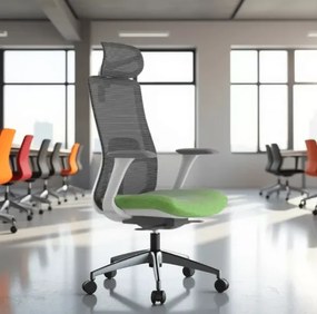 Kancelářská ergonomická židle WISDOM s podhlavníkem — síť, šedý plast, nosnost 150 kg, zelená Mercury star