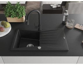 Mexen Cesar, 1-komorový granitový dřez 775x470x190 mm a dřezová baterie Elia, černá, 6514-77-670101-70