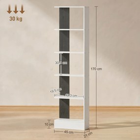 HOMCOM moderní prostorově úsporná knihovna s 5 policemi z dřeva 45x21x170 cm, bílá a černá