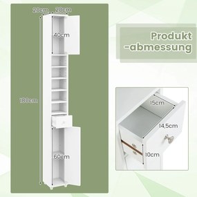 Costway Úzká koupelnová skříňka vysoká se 2 dvířky a 1 zásuvkou, bílý