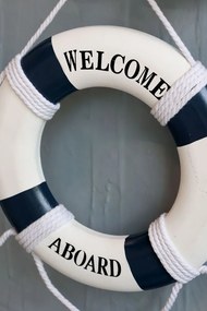 Bílo-modrá dekorace záchranný kruh Welcome Aboard - Ø 27*2,5 cm