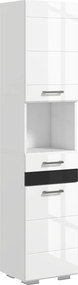 Kleankin sloupec pro úsporu místa do koupelny z MDF, koupelnová skříň s otevřenou policí, zásuvkou a uzavřenou skříňkou, 37x32,5x170 cm, leskle bílá