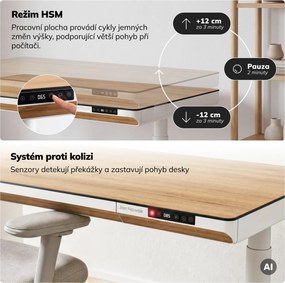 Elektrický psací stůl sit-stand se zásuvkou a bezdrátovou nabíječkou Qi bílý/zlatý dub, 1400 mm: ELLIS