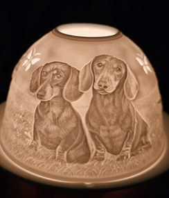 Bílý porcelánový svícen s jezevčíky Paollo - Ø 12*8 cm