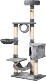 PawHut Stojan na škrábání pro kočky 154 cm - kočičí věž s platformami, tunelem, houpacím lehátkem a sisalovými škrabacími sloupky 60x40x154 cm Šedá |