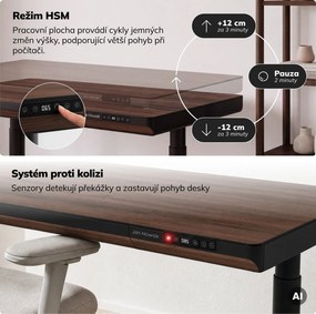 Elektrický psací stůl sit-stand se zásuvkou a bezdrátovou nabíječkou Qi černý/ořech, 1600 mm: ELLIS