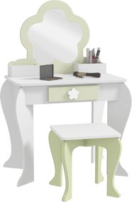Dětský toaletní stolek ZONEKIZ s zrcadlem a stoličkou pro holčičky ve věku 3-6 let, 2 boxy a 1 zásuvka, 55x34x87,5 cm, bílá a jemně zelená | Aosom