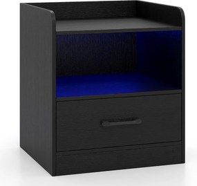 Costway Noční stolek s LED osvětlením a otevřenou přihrádkou a zásuvkou noční