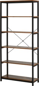 HOMCOM Retro Knihovna v Průmyslovém Stylu s 6 Otevřenými Policemi pro Knihy a Protipádovým Systémem pro Obývací Pokoj a Kancelář 80x30x180 cm v Rustik
