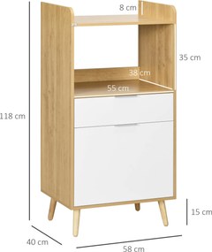 HOMCOM Kuchyňský vozík v severském stylu pro mikrovlnku s skříňkou, zásuvkou, nastavitelnou policí - 58 x 40 x 118 cm - přírodní a bílý