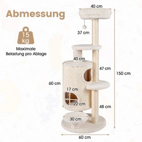 Costway Kočičí strom 150 cm vysoký Škrabadlo s 6 úrovněmi 2 Kočičí jeskyně