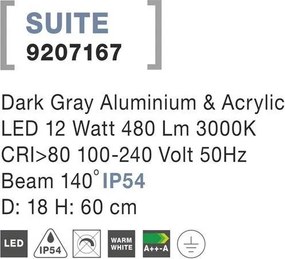 NV 9207167 Venkovní sloupkové svítidlo SUITE tmavě šedý hliník a akryl 18 LED 12W 3000K 100-240V 140st. IP54 - NOVA LUCE