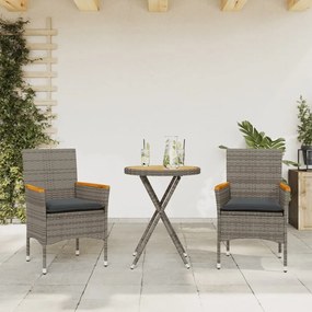 3dílný bistro set s poduškami šedý polyratan a akácie