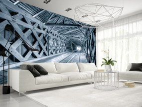 Fototapeta Černobílá architektura - velký šedý dřevěný most v tunelu nad řekou