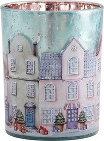 Modrý skleněný svícen vesnička domky Village M - Ø 10*13 cm