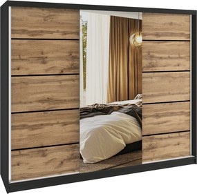Šatní skříň SERENITY 232 cm Belini černý mat /dub wotan s posuvnými dveřmi a zrcadlem  MBP SERENITY SZP8/0/B/DW/0/HIAL