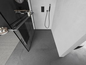 Mexen Kioto+, sprchová zástěna Walk-In s poličkou a věšákem 130 x 200 cm, 8mm čiré sklo černý vzor, ​​grafitový profil, 800-130-121-66-77