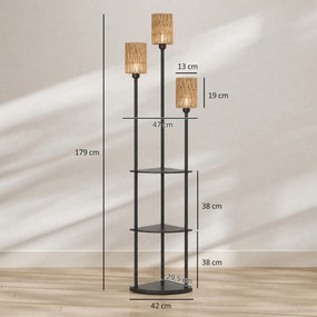 HOMCOM Boho stojací lampa se 3 plameny, stojací lampa s 3 policemi, stínidlo z papírového provazu, černá