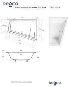 BESCO Asymetrická vana INTIMA DUO SLIM Nožičky k vaně - S nožičkami, Rozměr vany - 170 × 125 cm, Způsob provedení - Pravé - VANINTID17SLIMP+OLVPINOZSTELID