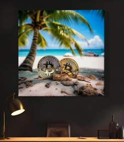 Obraz na plátně - Bitcoin, tropická pláž s palmou FeelHappy.cz Velikost obrazu: 80 x 80 cm
