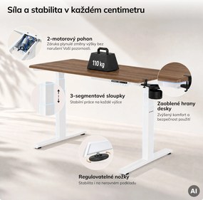 Elektrický stůl s nastavitelnou výškou ergonomický bílý/ořech,1200x600 mm: ARIA