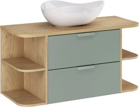 Závěsná skříňka Aster Ovalia Cloud s umyvadlem 100 cm dub cremona/zelená
