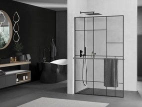 Mexen Kioto+ L, sprchová zástěna Walk-In s poličkou a věšákem 70 x 200 cm, 8mm čiré sklo černý vzor, ​​grafitový profil, 800-070-123-66-78