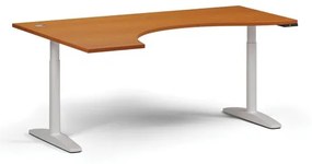 Výškově nastavitelný stůl OBOL, elektrický, 675-1325 mm, ergonomický levý, deska 1800x1200 mm, bílá zaoblená podnož, třešeň