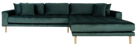 House Nordic Lounge Sofa, pravá strana, tmavě zelený samet, čtyři polštáře a nohy z přírodního dřeva, HN1006
