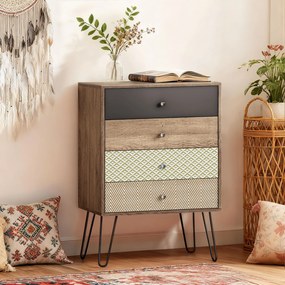 HOMCOM komoda se 4 zásuvkami, nohy z oceli, boho styl, 60 x 39 x 86 cm, vícebarevná