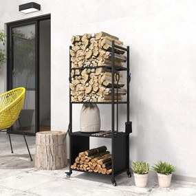 Outsunny Stojan na dřevo 45 x 30 x 118 cm s koly, 4 police, stojan na dřevo pro venkovní i vnitřní použití, do 60 kg, kovový, černý
