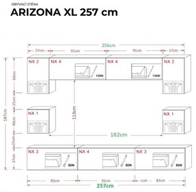 Ral Obývací stěna ARIZONA XL, 257 cm - Černo/bílý lesk