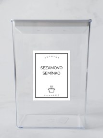 SEZAMOVO SEMÍNKO – bílá samolepka na dózu, základní písmo, 6 x 8 cm | DomaLEP