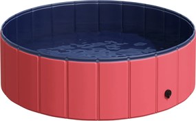 Skládací psí koupací vana PawHut - Psí bazén, lehátko na vodu pro psy a kočky, plast + dřevo, červená Ø100 x V30 cm | Aosom