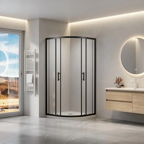 Erga Peoria, čtvrtkruhový sprchový kout s posuvnými dveřmi 90(dveře) x 90(stěna) x 190 cm, 6mm čiré sklo, černý profil, ERG-Q02-PEORIA-D090D090-CL-BK