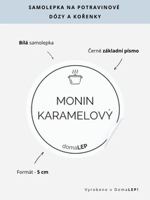 Samolepka na láhev MONIN KARAMELOVÝ průměr 5 cm – bílá vinylová, voděodolná, omyvatelná samolepka na dózy, základní písmo