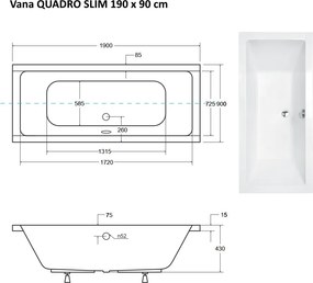 Besco Quadro Slim obdélníková vana 190 x 90 cm akrylát bílá VANQAUD190SLIM