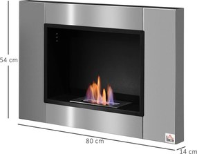 HOMCOM Nástěnný vestavěný biolíh krb s hořákem 0,9 L, 3hodinový čas hoření, rozměry 80L x 14W x 54H cm, pokrytí 25-30 m², nerezová ocel | Aosom