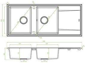 Laveo Megalo, 2-komorový granitový dřez 1160x500x185 mm s dlouhým odkapávačem, šedá, LAV-SBE_521T
