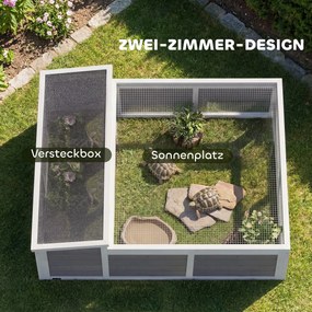 PawHut Dřevěný želví domek s volným výběhem hlavní domek s oknem na pantech 2 dveře 113x106,5x44,5 cm Tmavě šedý